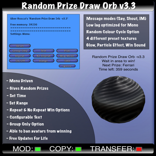 Second Life Marketplace - Random Prize Draw Orb -v3.3 Pack